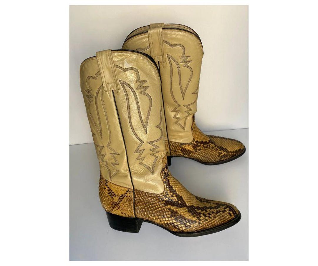 Vintage Mens Exotic Python Cream Leather Embroidered Panel Cowboy ...