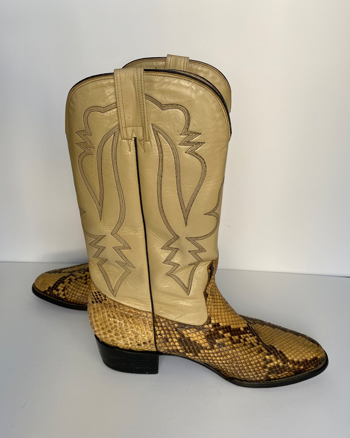 Vintage Mens Exotic Python Cream Leather Embroidered Panel Cowboy ...