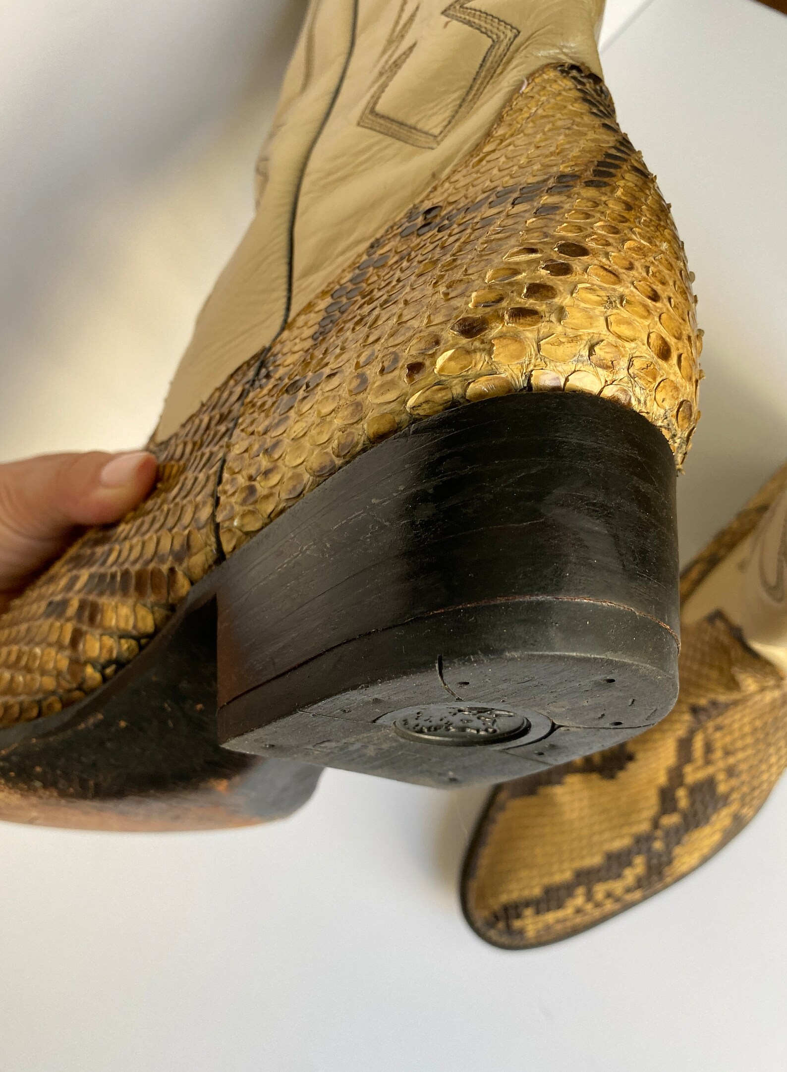 Vintage Mens Exotic Python Cream Leather Embroidered Panel Cowboy ...