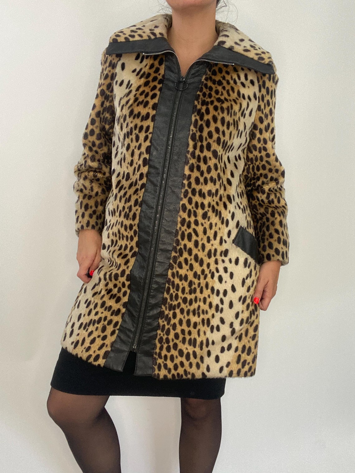 Vintage 1960s Faux Pony Cheetah Leopard Print Coat Swing Coat With ...