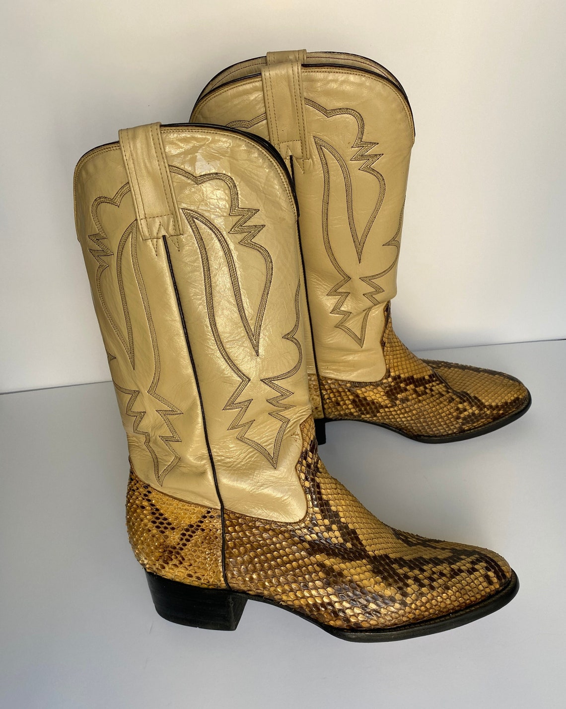 Vintage Mens Exotic Python Cream Leather Embroidered Panel Cowboy ...