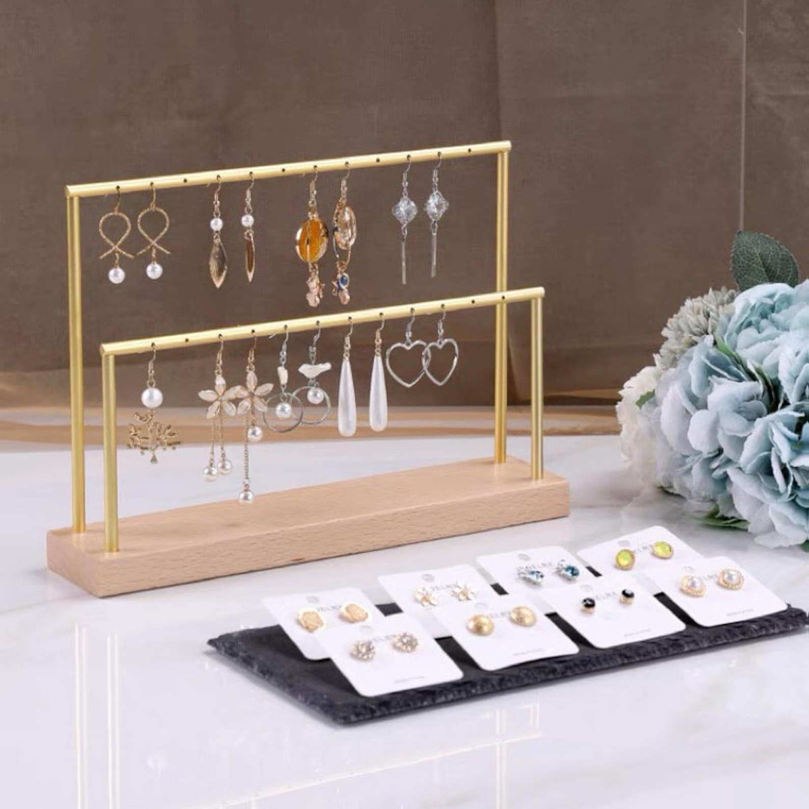 Wood and Metal Earring Holder, Earring Stand, Earrings Display Set ...