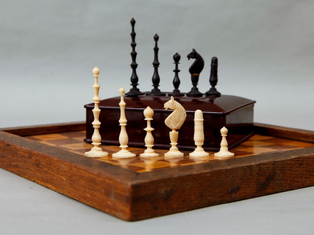 19th Century Selenus Bone Chess Set With Antique Oak Chess Board ...