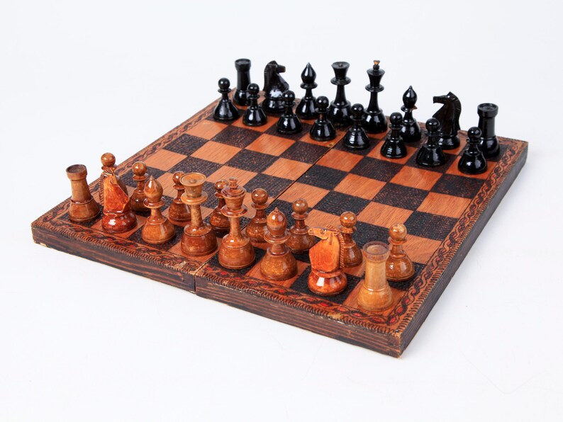 Vintage Handmade Chess Set With Pyrography Decorated Folding - Etsy
