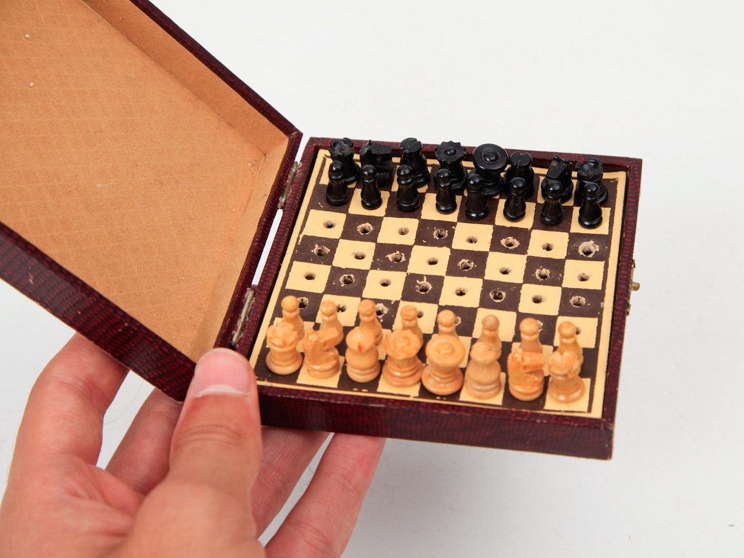 Vintage Miniature Travel Chess Set 10x10cm./ 4x4 In., Small Pegged ...