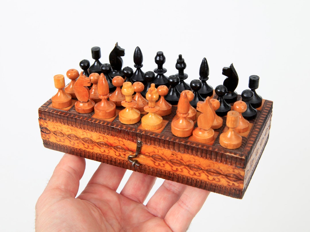 1970's Handmade Miniature Chess Set 17x17 Cm, Vintage Wooden Travel ...