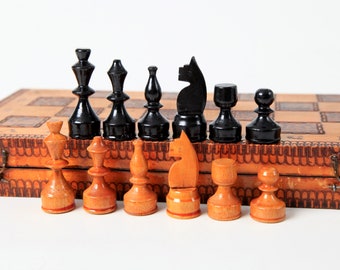 Vintage Handmade Chess Set With Pyrography Decorated Folding Chess ...