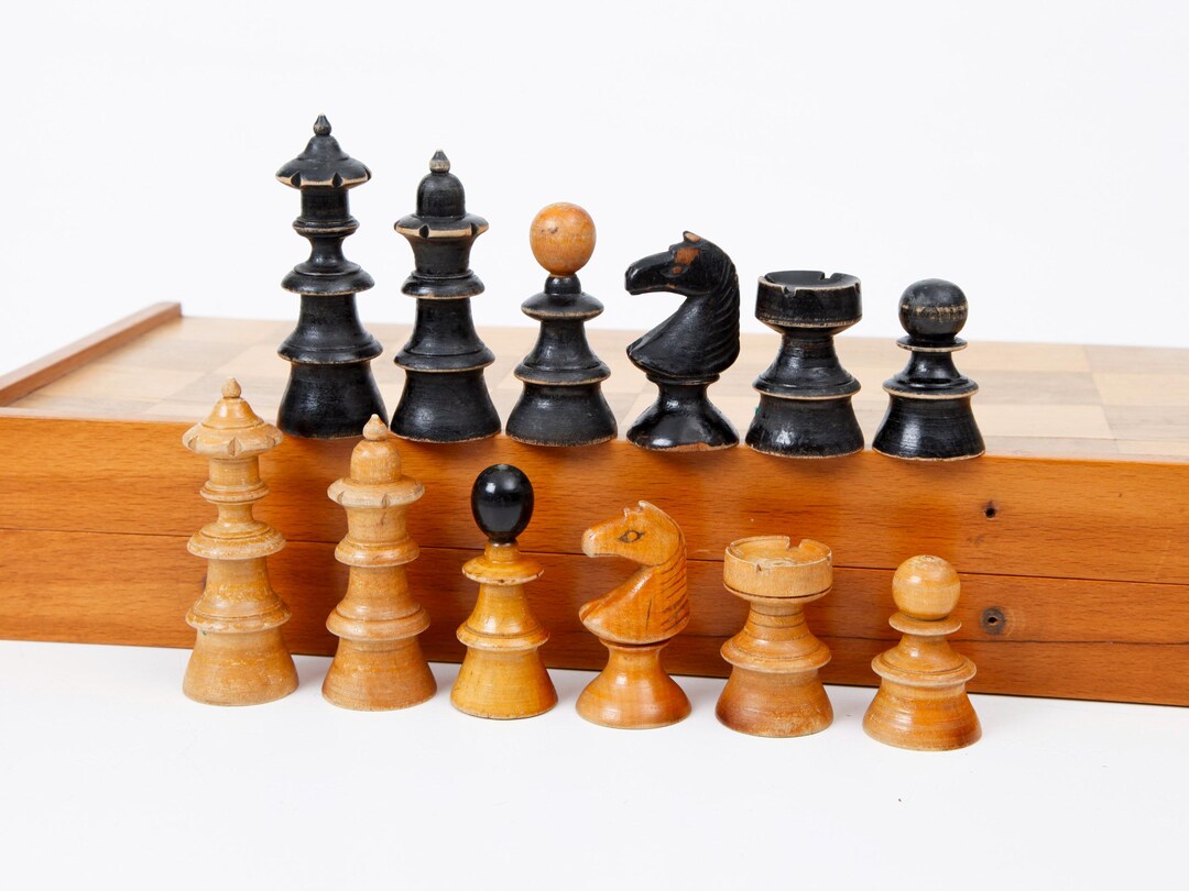 Antique or Vintage Austrian Chess Set With Folding Board, Old Handmade ...