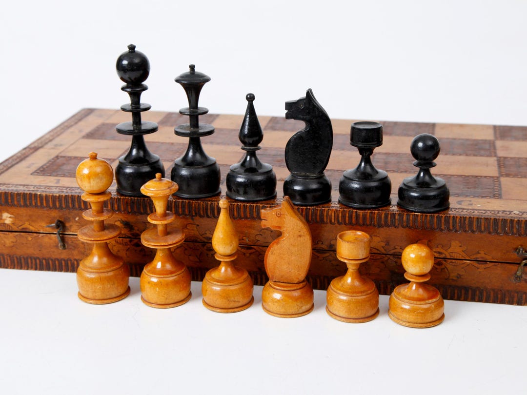 Large Handmade Chess Set With Folding Board, KH 10cm/4, Vintage East ...