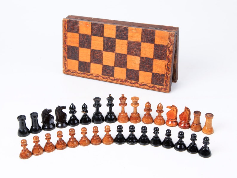 Vintage Handmade Chess Set With Pyrography Decorated Folding - Etsy