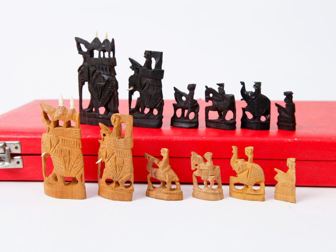 Hand Carved Figural "rajasthan" Chess Set, KH 8cm./3,35", Sandal&ebony ...