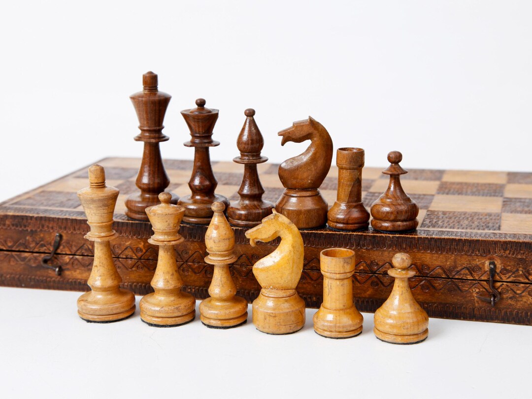 Vintage Handmade Chess Set With Pyrography Decorated Folding Chess ...
