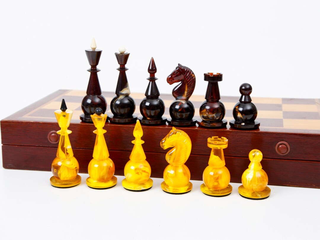 1980's Soviet Faux Amber Chess Set, KH 10cm/4", Vintage Wooden Folding ...