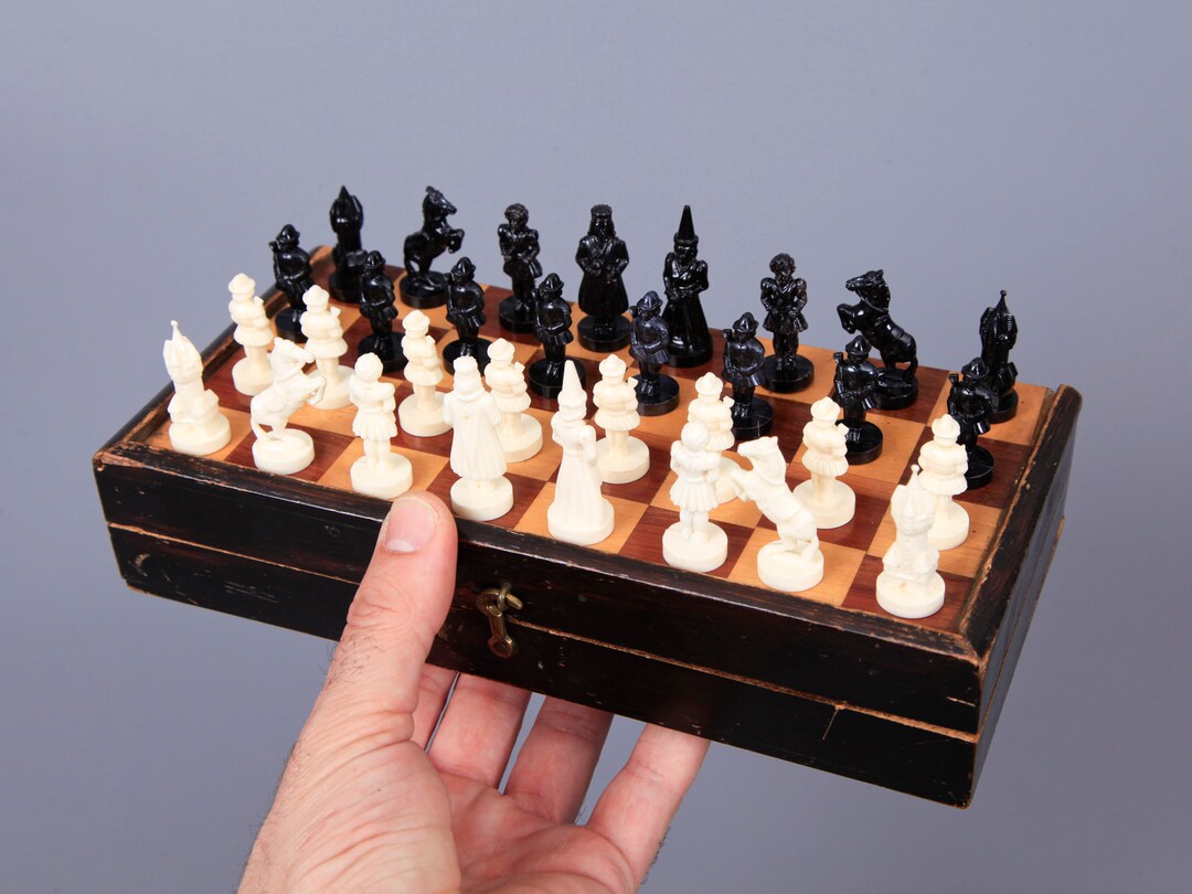 Old Plastic Figurine Chess Set With Folding Chess Board, KH 4,5 Cm ...