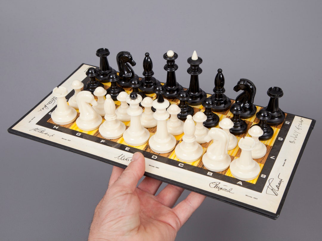 Vintage Soviet Carbolite Chess Set With Cardboard Folding Chess Board ...