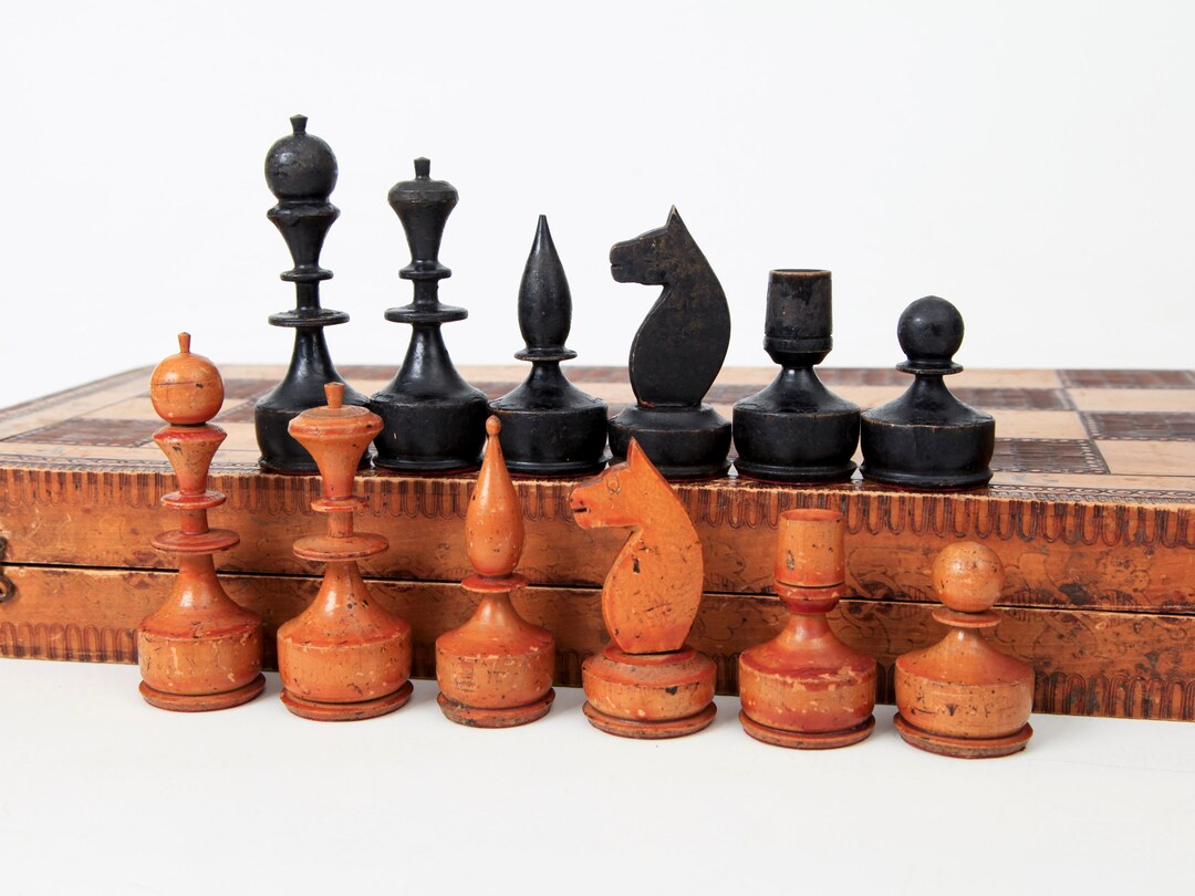 Old East European Chess Set With Folding Board, KH 10cm./4 In., Vintage ...
