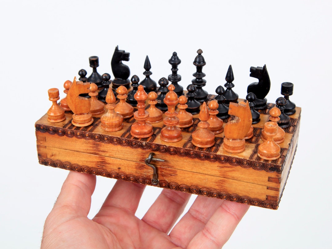 Old Handmade Miniature Chess Set, KH 4 Cm, 1950's Wooden Travel Chess ...