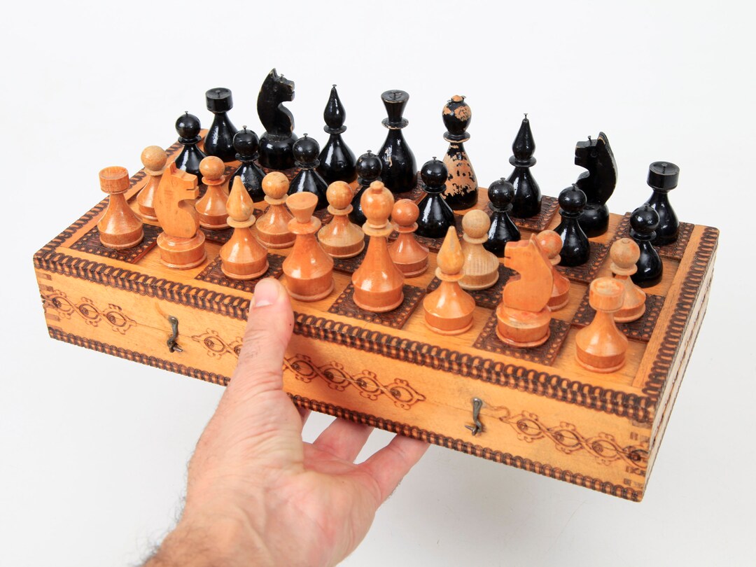 Vintage Handmade Chess Set for Blind, KH 7 Cm., 1970's Wooden Chess Set ...