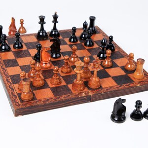 Vintage Handmade Chess Set With Pyrography Decorated Folding Chess ...