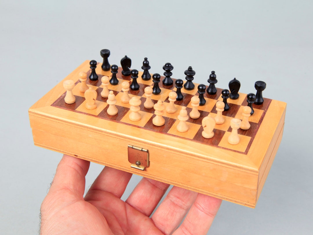 1960's Travelling Chess Set With Folding Board 16x16 Cm, Vintage Wooden ...