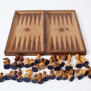 Vintage Handmade Chess Set With Pyrography Decorated Folding Chess ...
