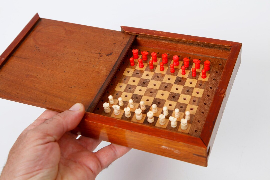 Antique or Vintage Bone Pegged Chess Set 12x12cm/ 5x5 In., Old Travel ...