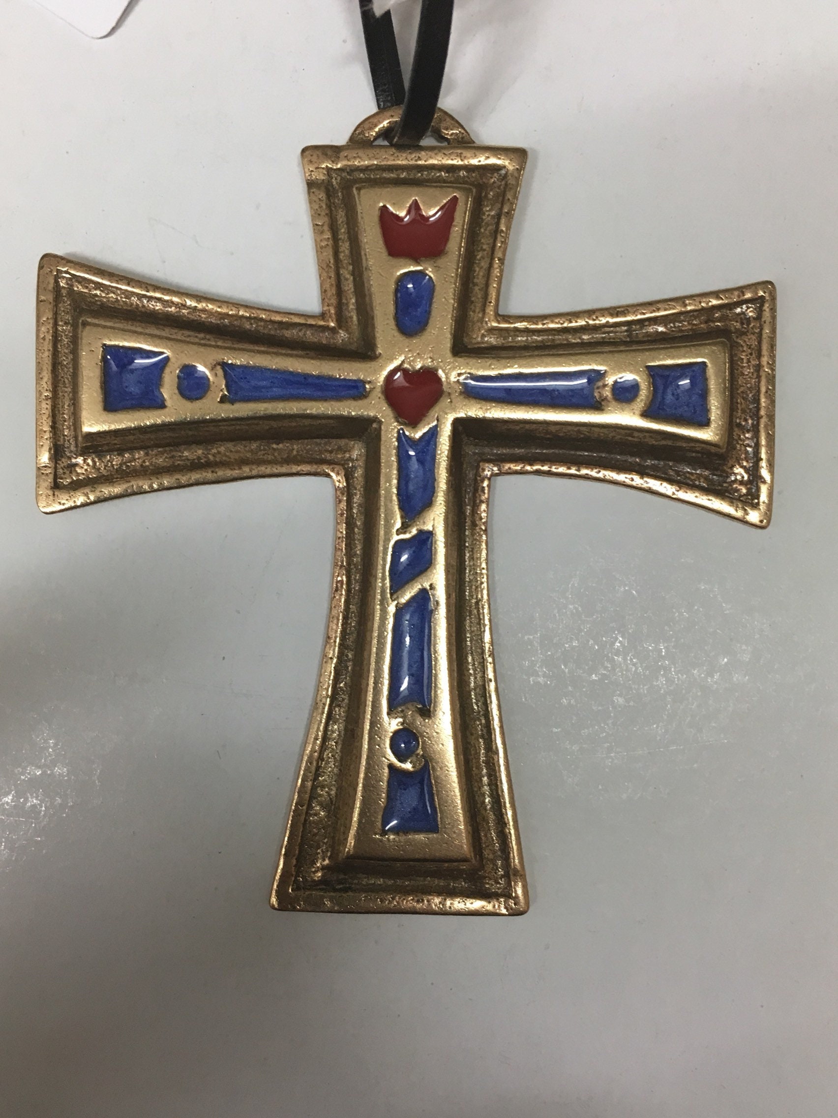 Religious Bronze Art. Enameled bronze cross vitrified blue and red
