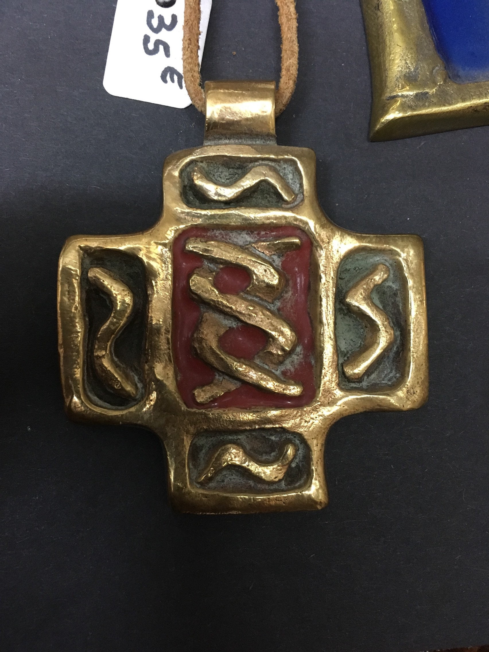 Red Enameled Bronze Art Pendant Cross Medieval Style.