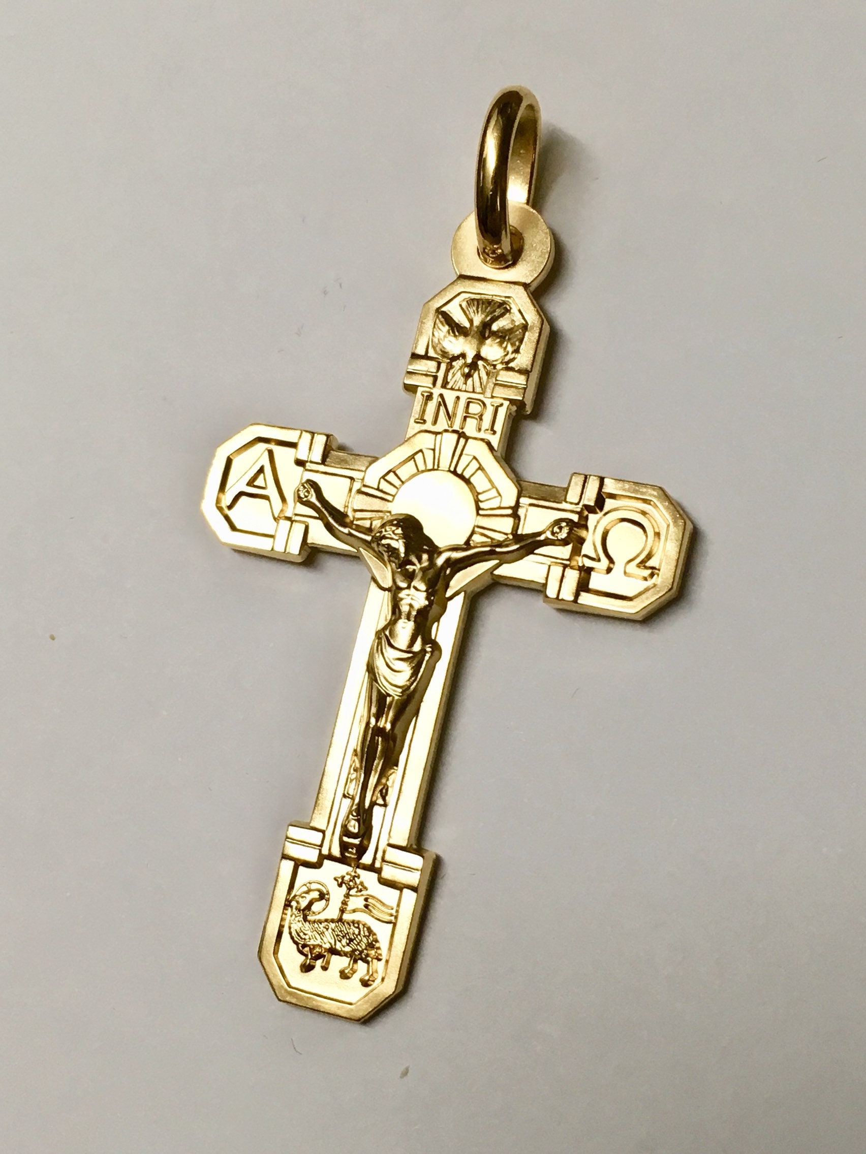 pendant Cross heavy gold plated french religious art agnus dei alpha ...