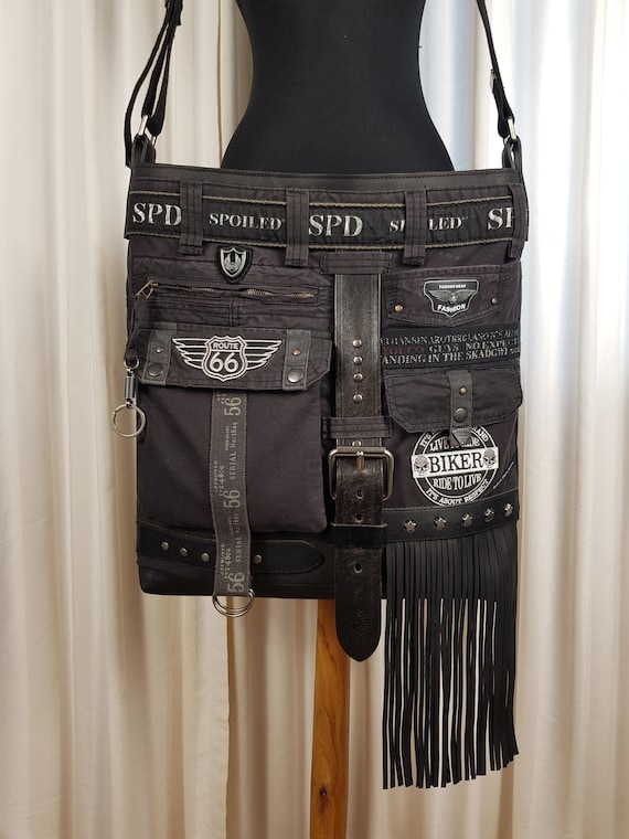 Woman Bag biker Made of Genuine Leather Jeans and | Etsy