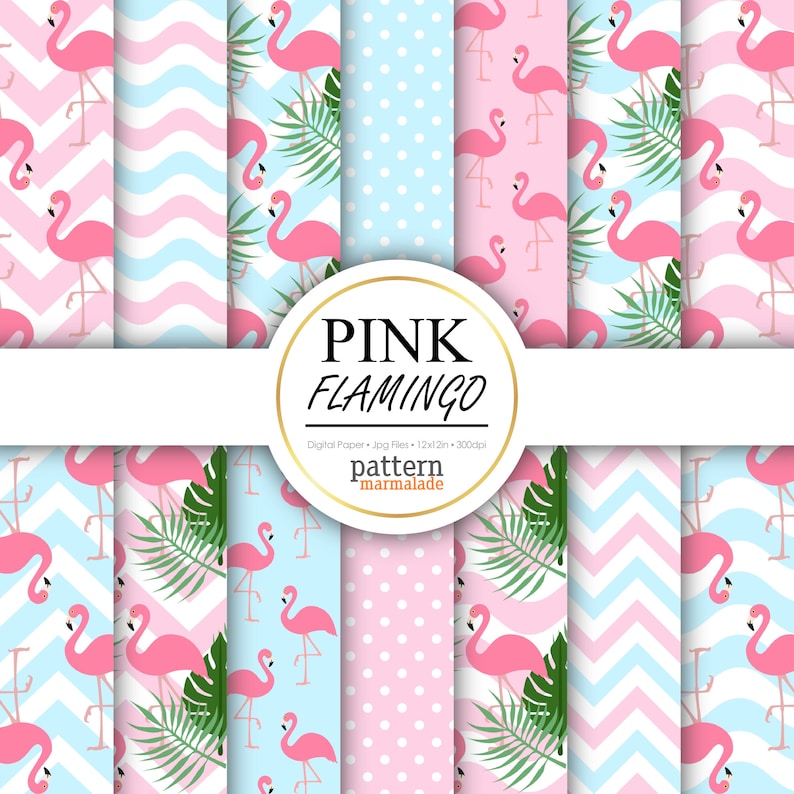 SALE Pink Flamingo Digital Paper Pattern - Flamingo/chevron/wave/polka ...