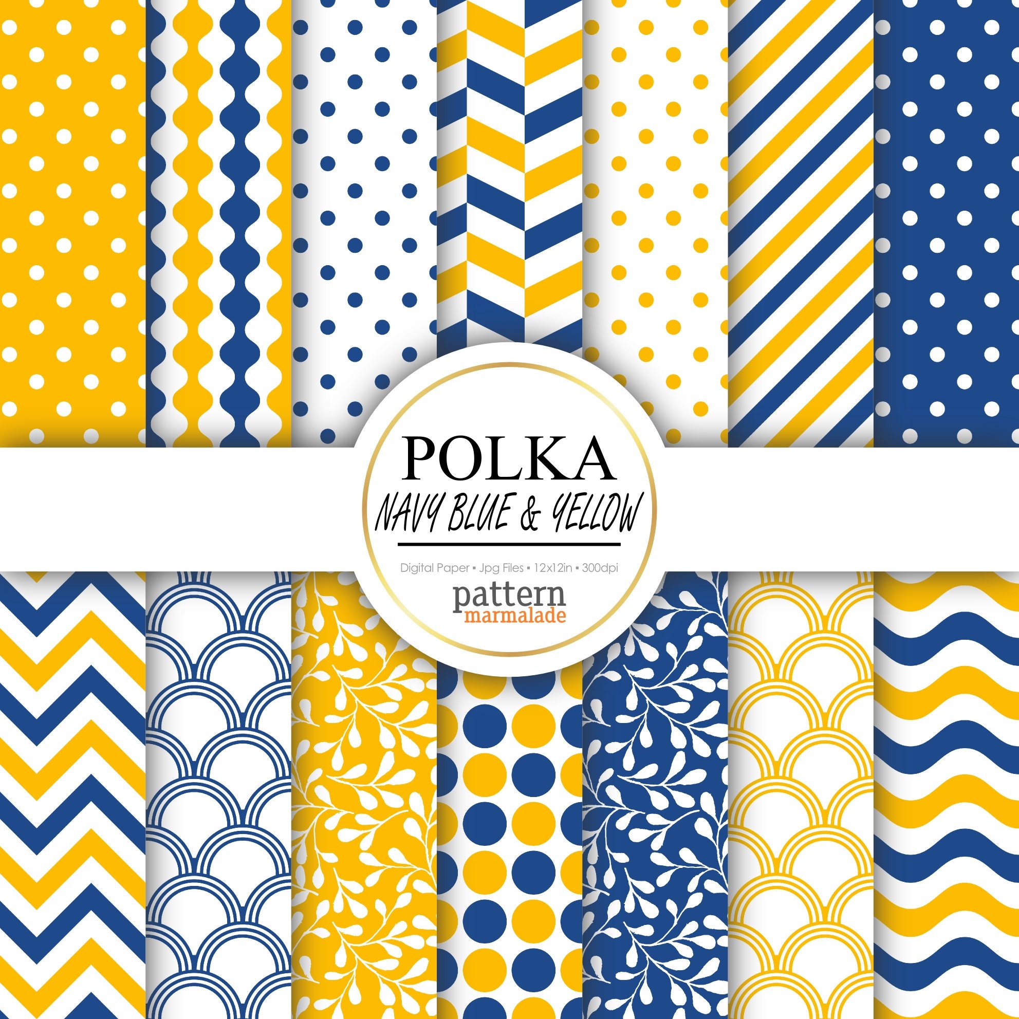 SALE Polka Navy Blue and Yellow Digital Paper Pattern Chevron/wave ...