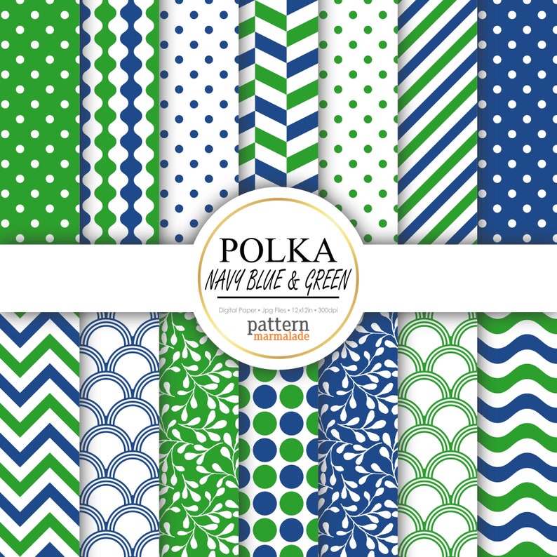 SALE Polka Navy Blue and Green Digital Paper Pattern - Chevron/wave ...