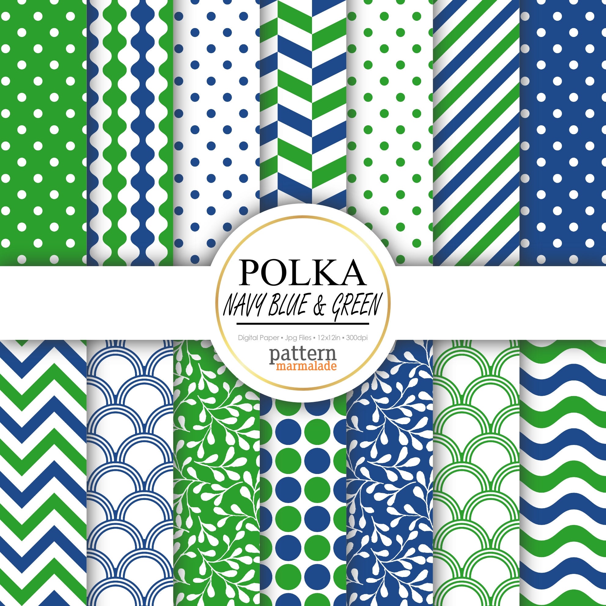 SALE Polka Navy Blue and Green Digital Paper Pattern - Chevron/wave ...
