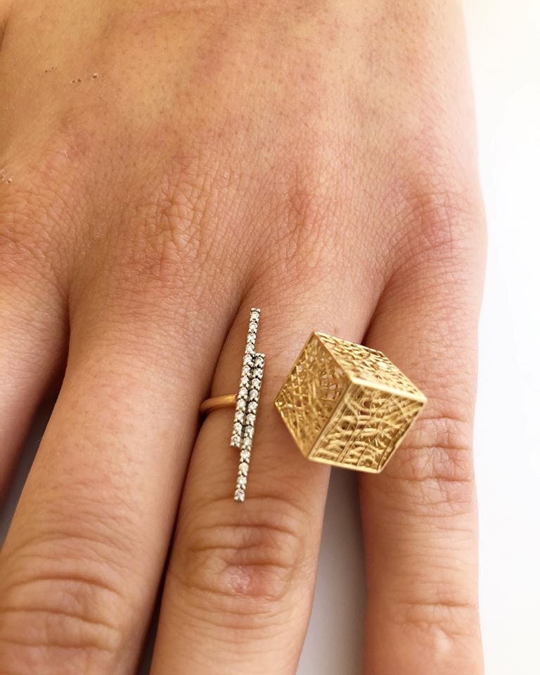 14K Handmade Solid Gold Ring ''CUBE With BRILLIANT DIAMONDS'' With Two ...