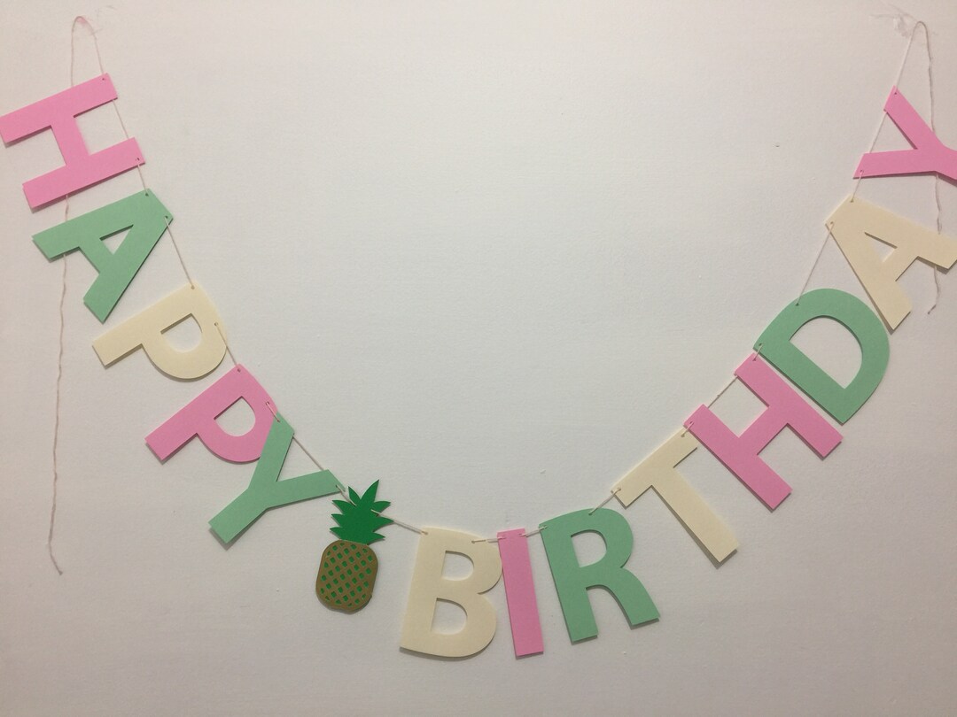 Tropical Happy Birthday Banner, Pineapple Birthday Party Banner Pink ...