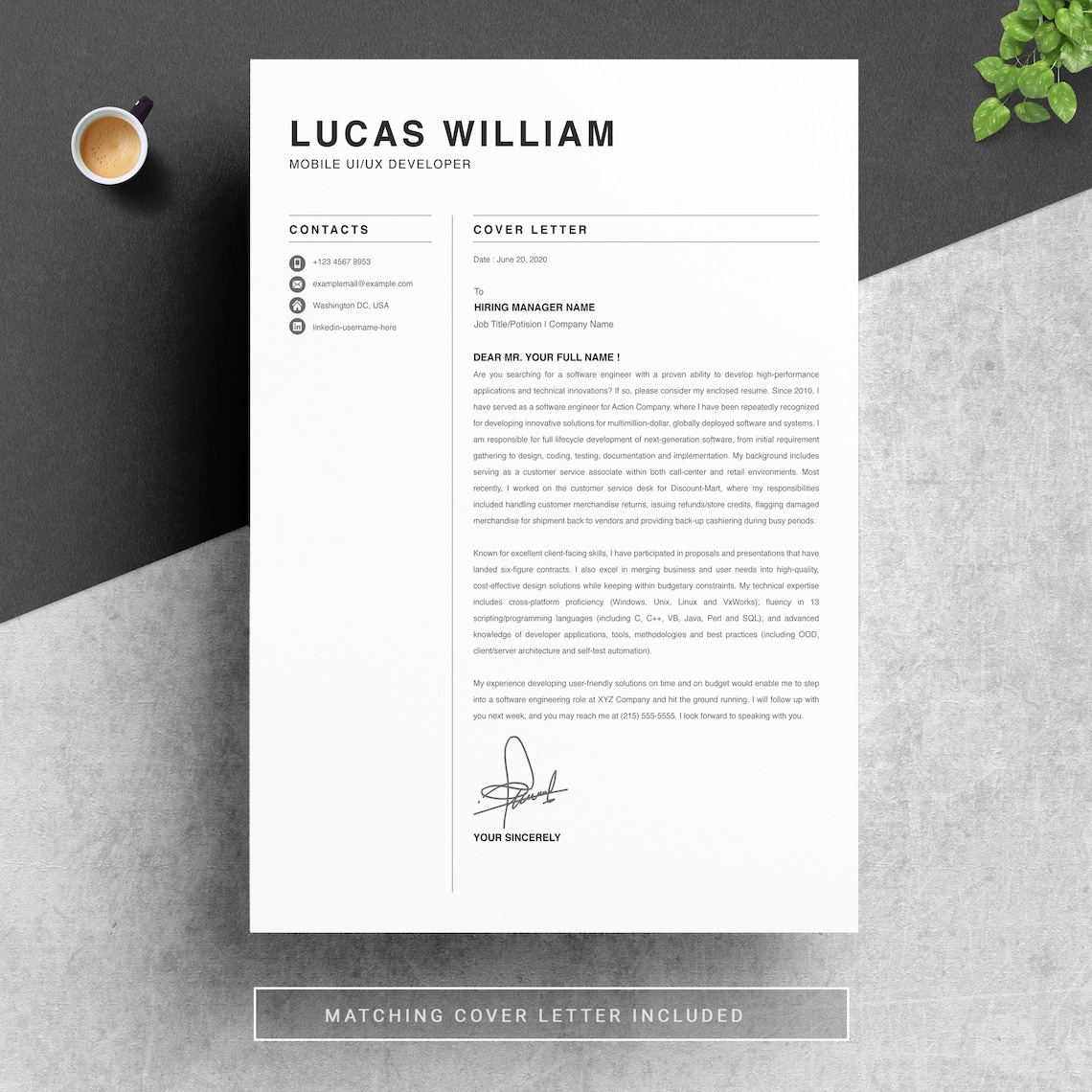 Resume Template for MS Word & Pages With Cover Letter Simple - Etsy