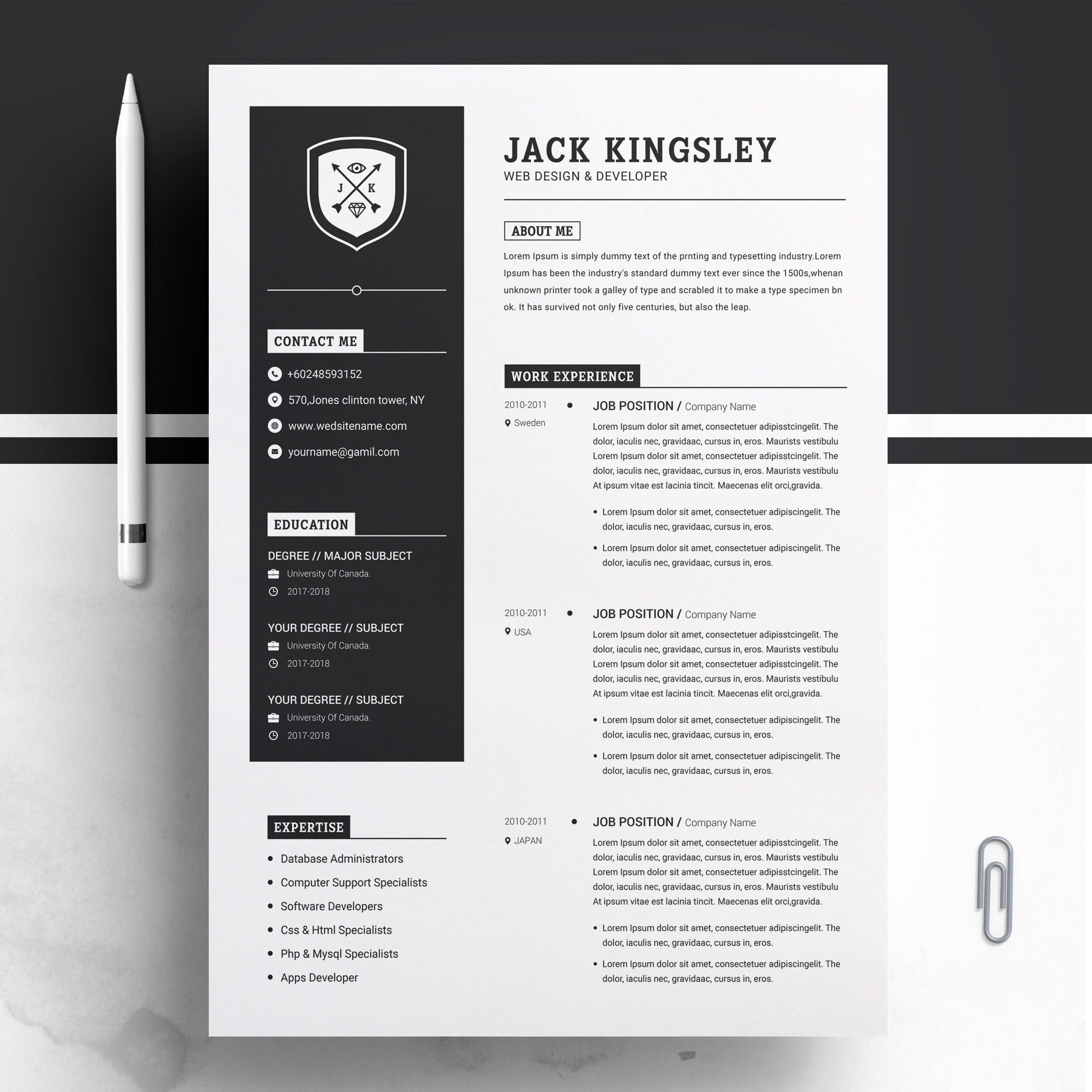 Minimalist Resume / CV Design Template MS Word Apple Pages Professional ...