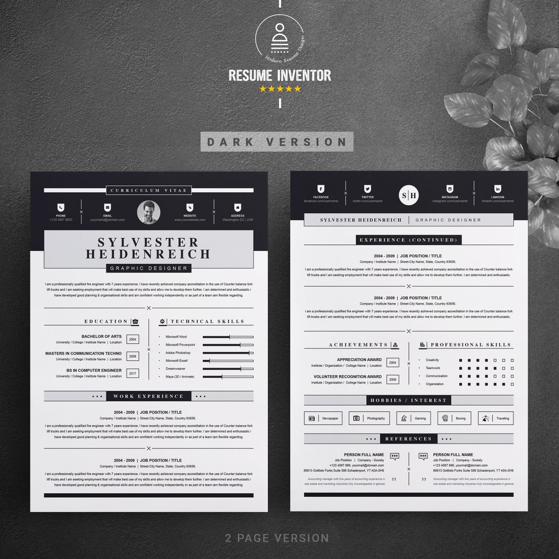 Modern & Professional Resume Template for Word Black and White CV ...