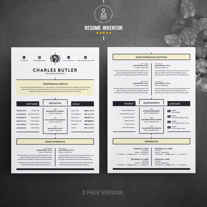 Creative & Modern Resume for Job 2 Pages Printable Clean CV Design MS ...