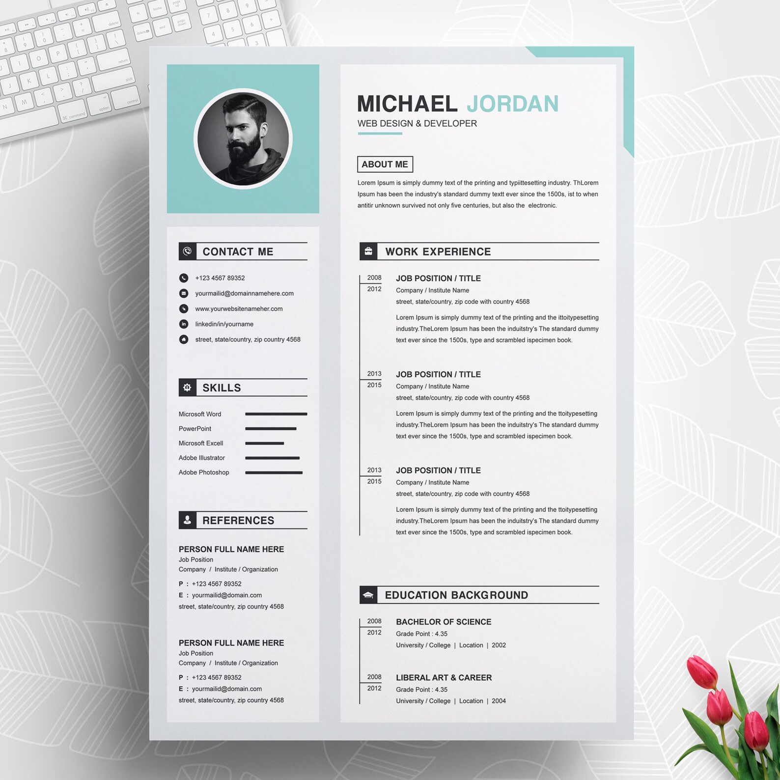 One Page Clean and Professional Resume Design Template MS Word Apple ...