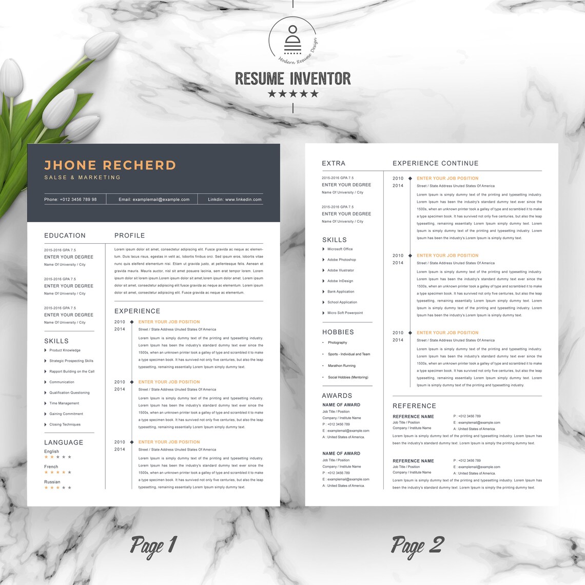 Black Resume Professional Resume / CV Template With MS Word Cover ...