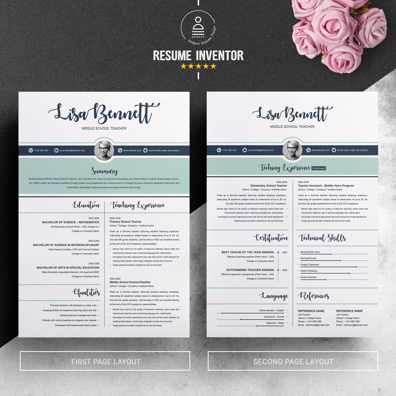 Teacher Resume / CV Design Template Elementary School Teacher MS Word ...