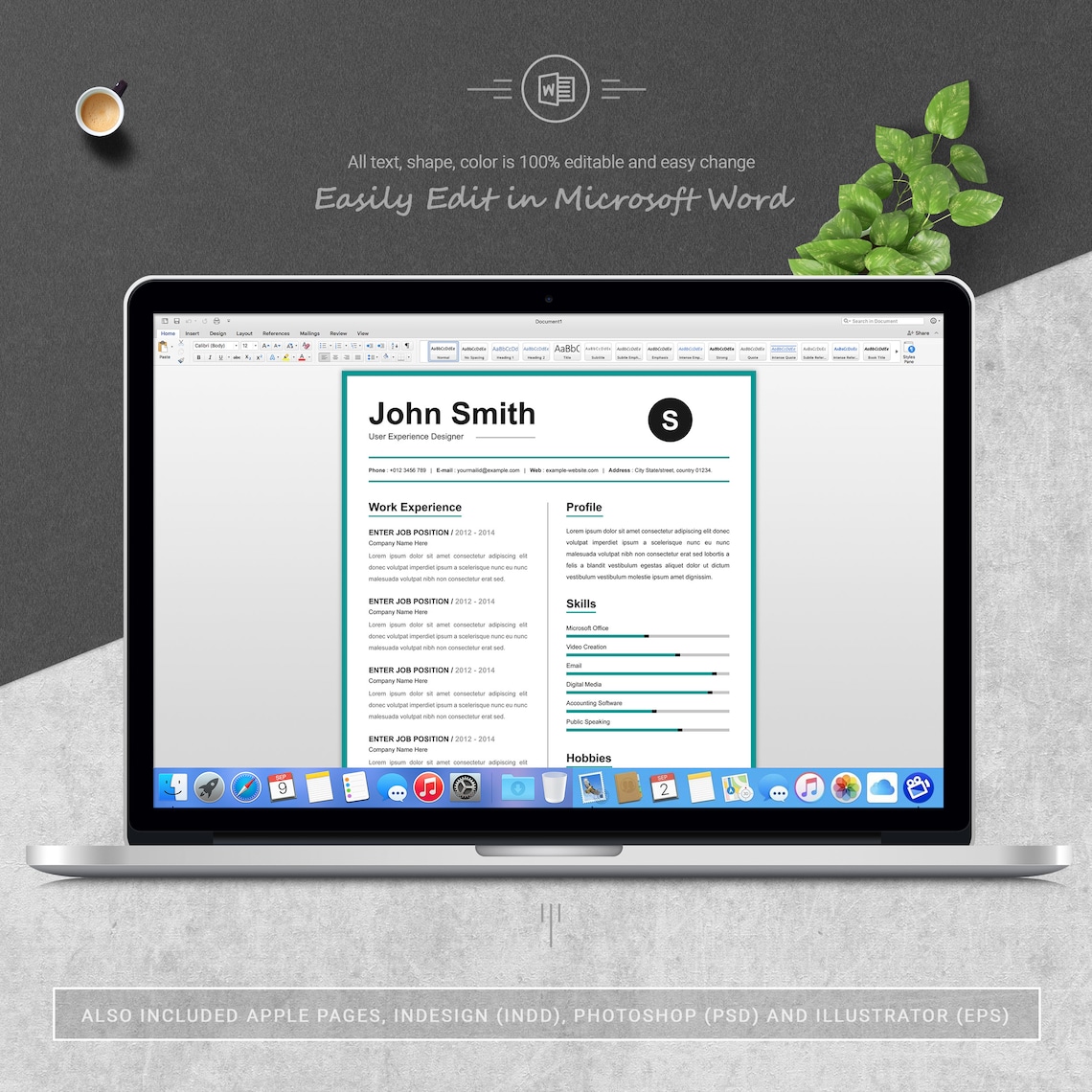 Professional 1 Page Resume Template Modern One Page CV Word & Mac Pages ...
