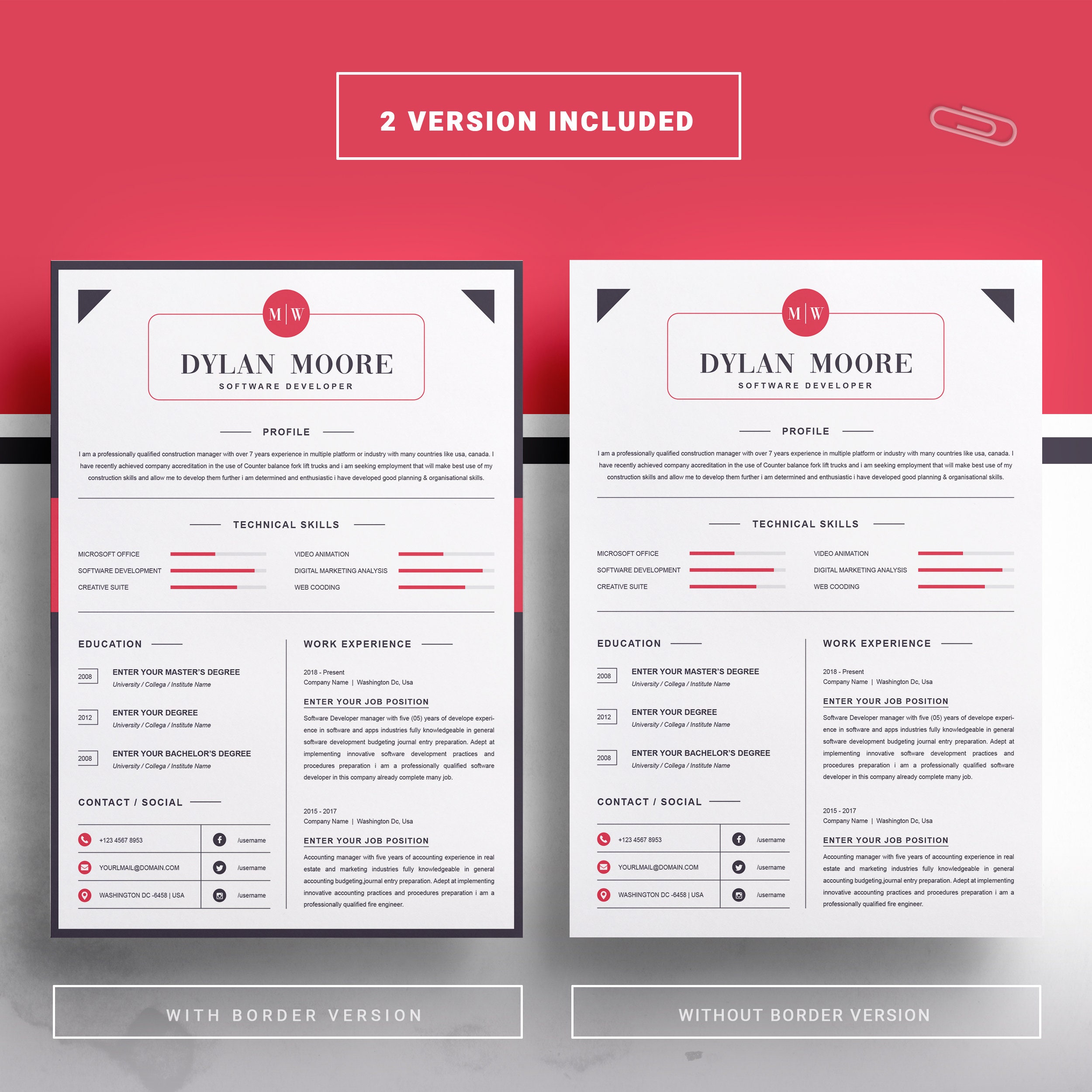 Modern and Clean Resume Template 4 Pages With 2 Style MS Word Templates ...