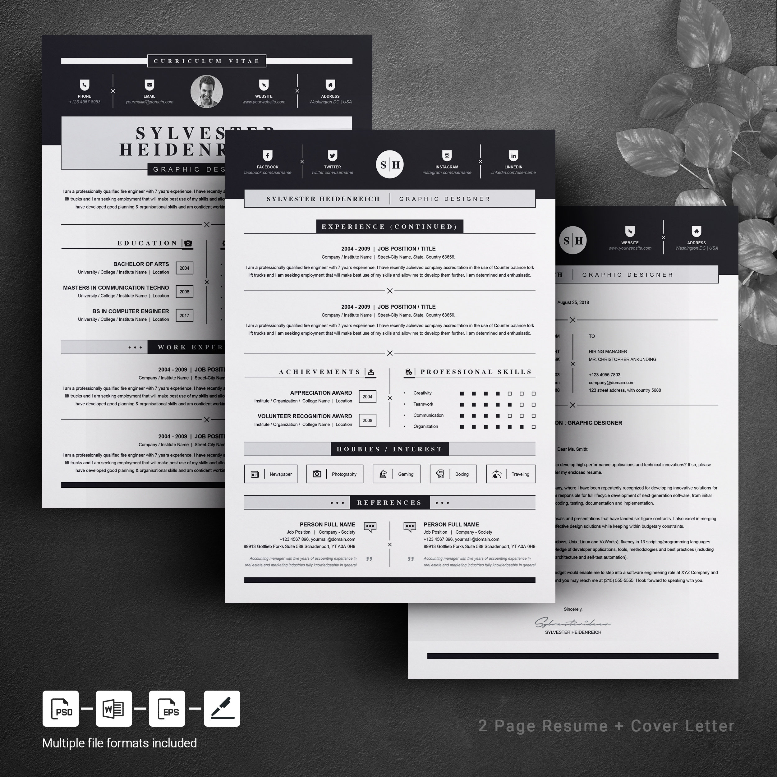 Modern & Professional Resume Template for Word Black and White CV ...