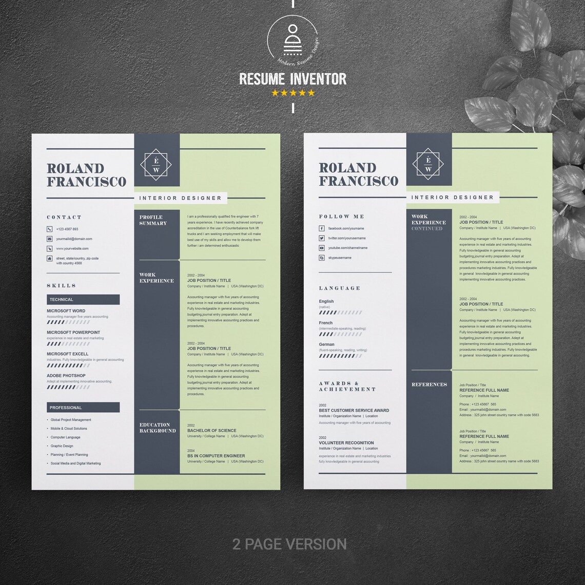 Two Page Resume / CV Design Template Cover Letter MS Word - Etsy