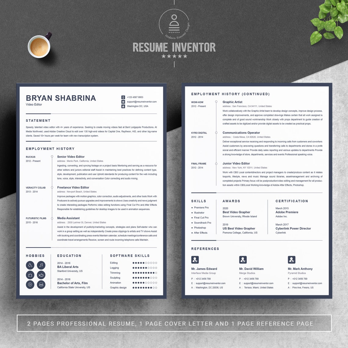Resume / CV for Video Editor word, Apple Pages, Indesign, Photoshop and ...