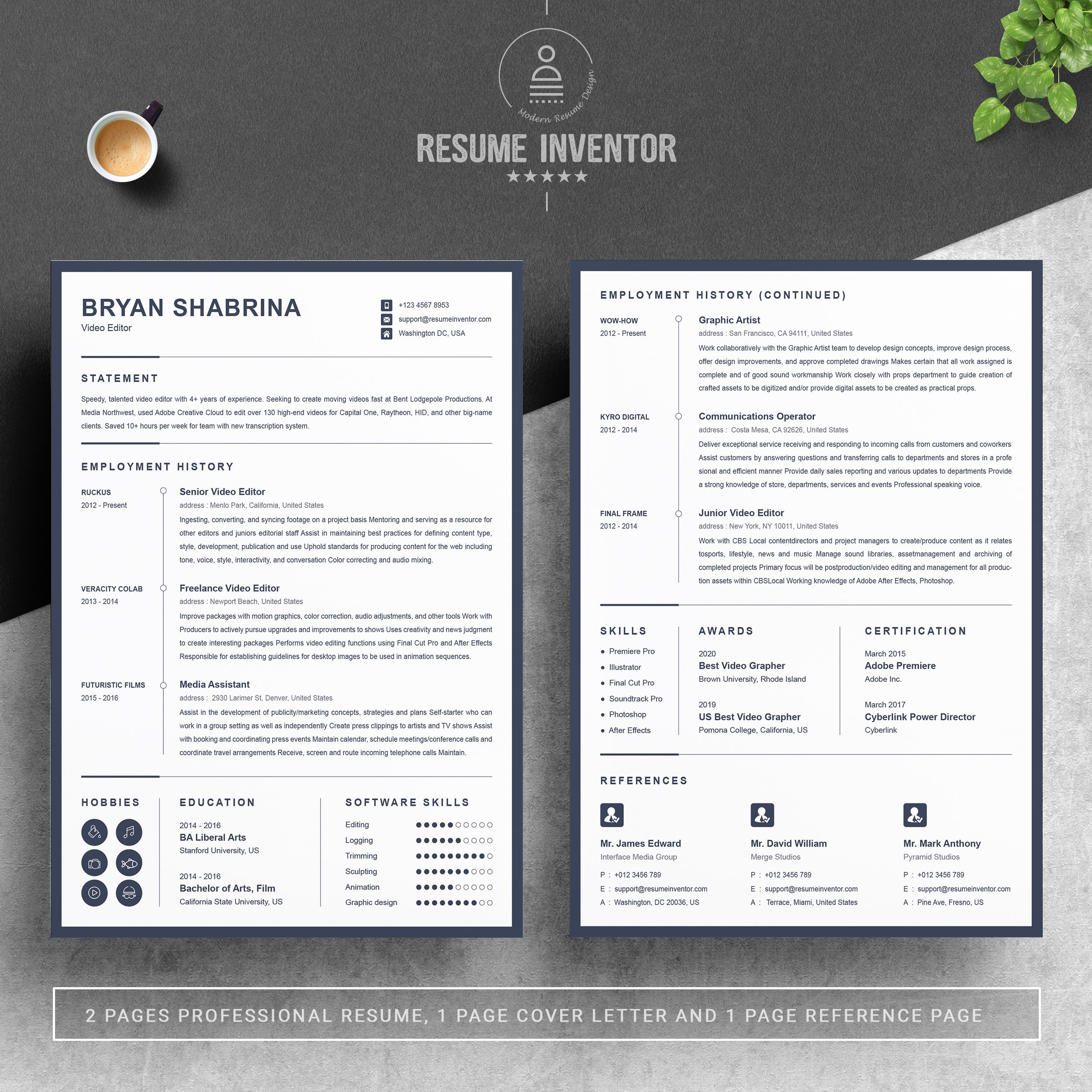 Resume / CV for Video Editor word, Apple Pages, Indesign, Photoshop and ...