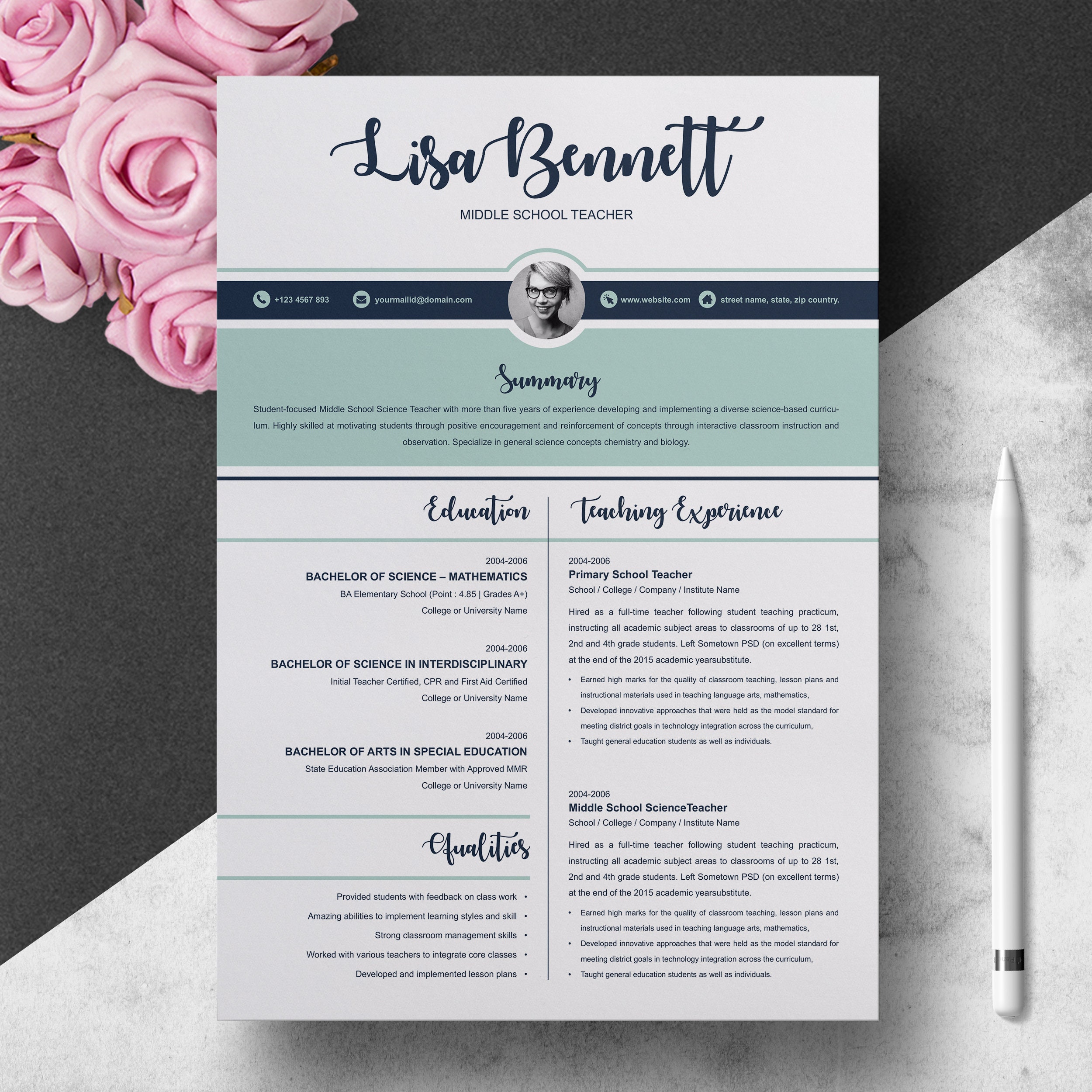 Teacher Resume / CV Design Template Elementary School Teacher MS Word ...